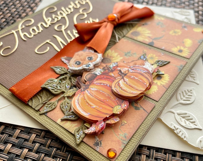 Thanksgiving Card, Fancy Greeting Card, Fox, Sunflowers, Pumpkins ...