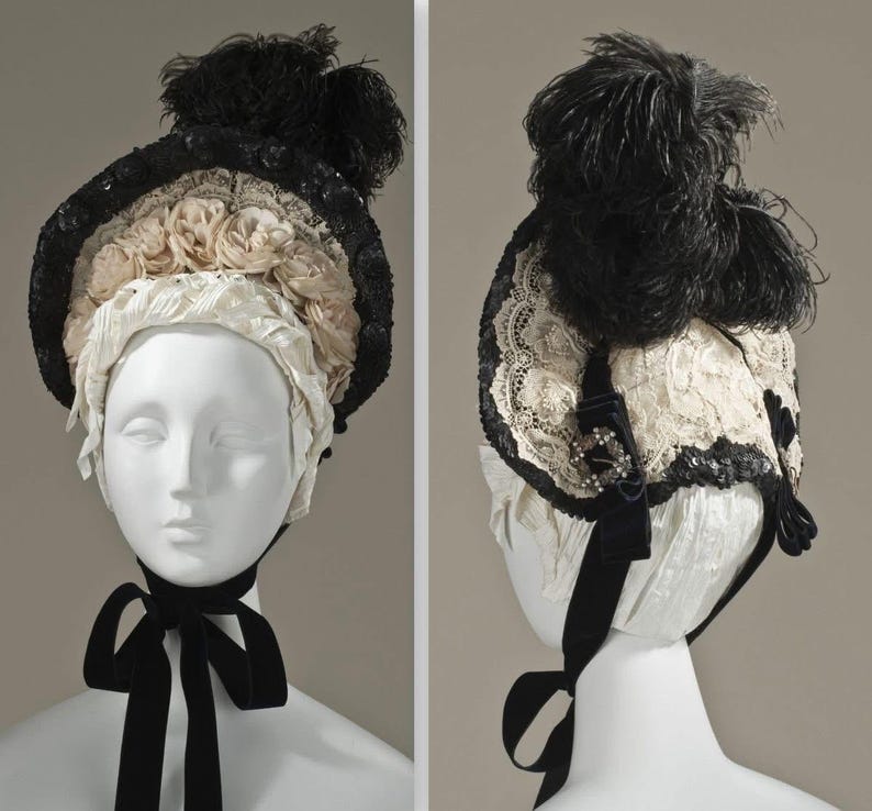 Late 1870s–80s Black Silk Victorian Bonnet With Ivory Ruffle Trim ...