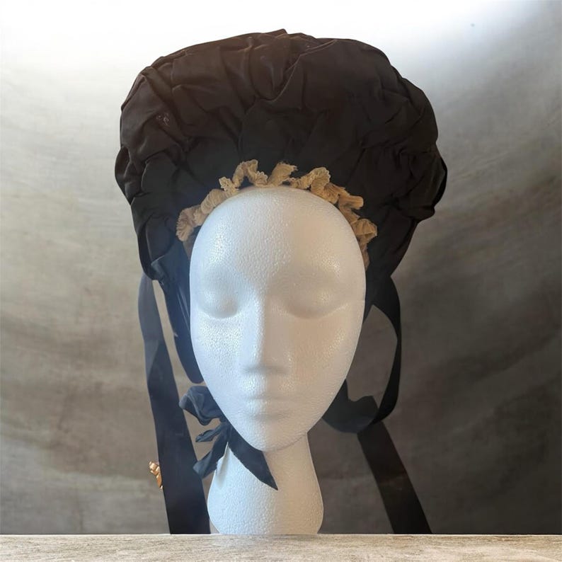 Late 1870s–80s Black Silk Victorian Bonnet With Ivory Ruffle Trim ...
