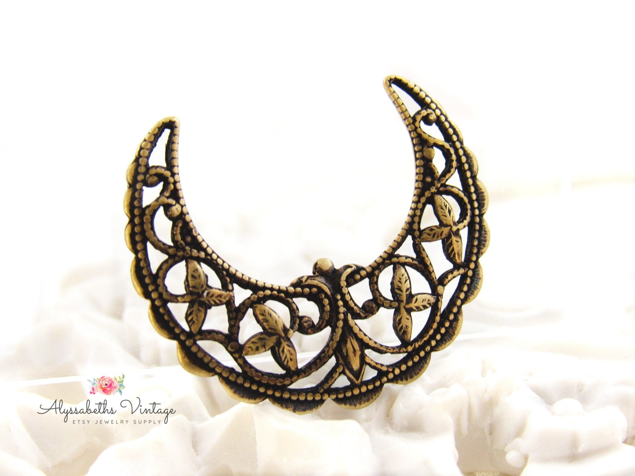 Ornate Art Nouveau Antique Brass Filigree Crescent Moon Connector ...