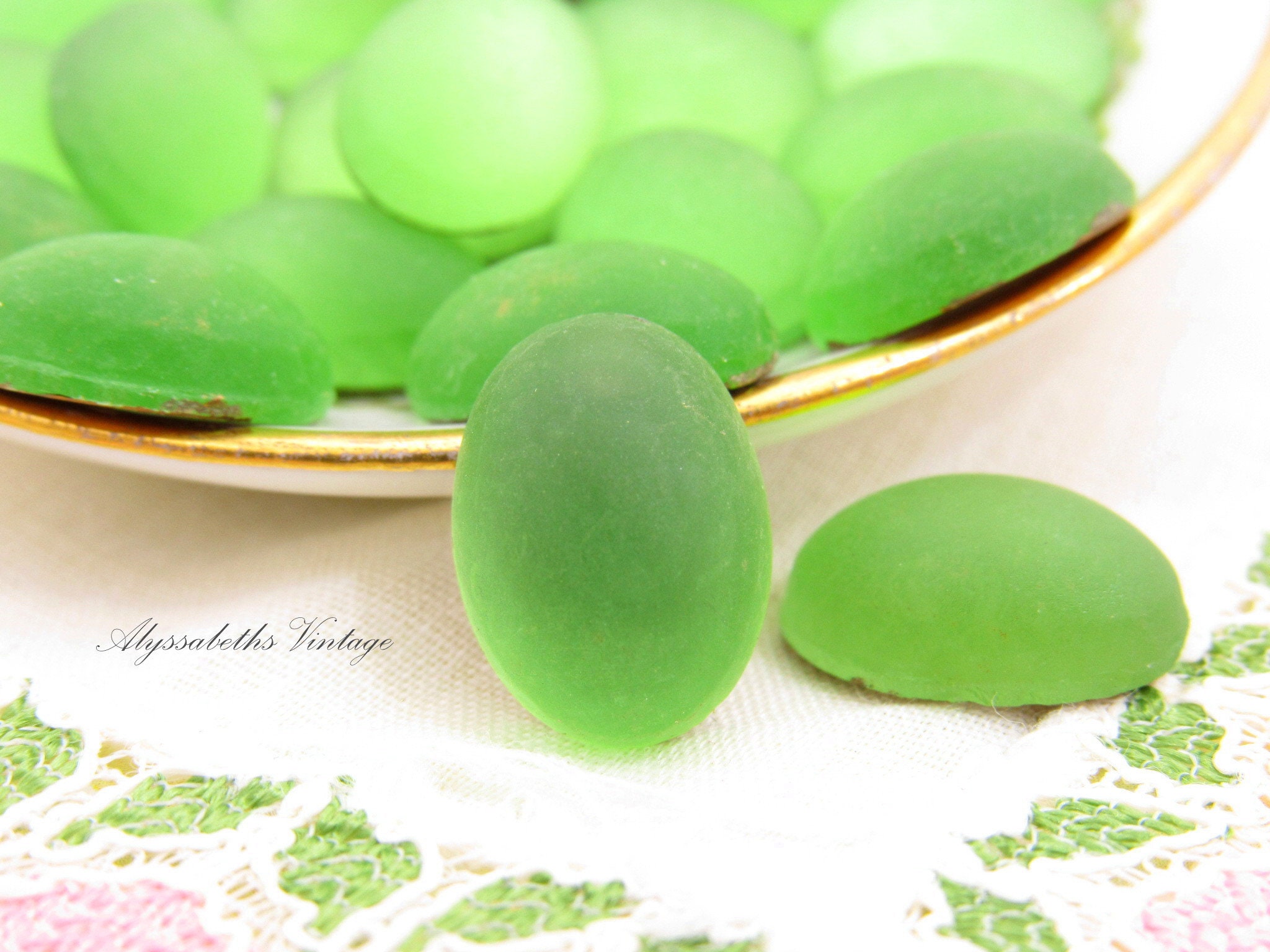 Vintage Frosted Glass Peridot Green 14x10mm Oval Matte Cabochons, West ...