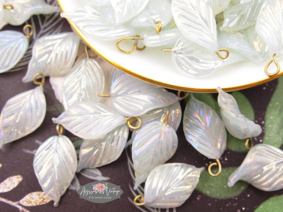 Long AB Alabaster Glass Twist Leaves Charms 24x14mm Handcrafted Aurora Borealis Glass Leaf Bead ...