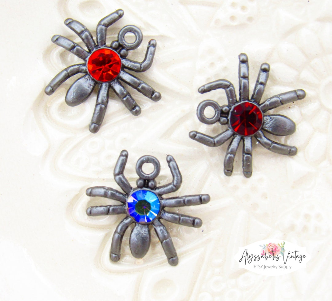 Cast Metal Black Spider Charms With Siam Red, Hyacinth or AB Black ...