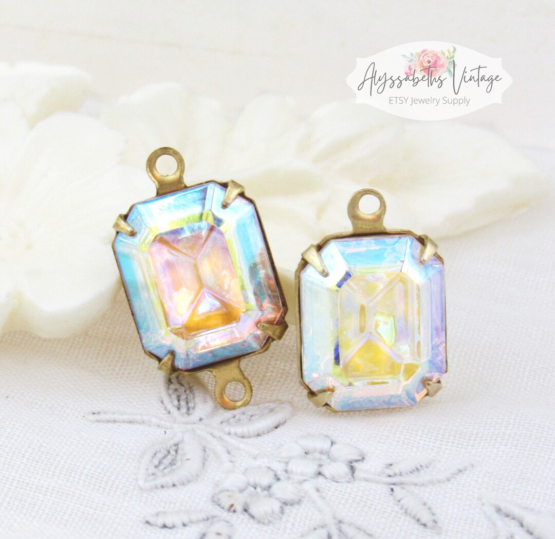 Vintage Austrian AB Crystal 12x10mm Octagon Faceted Glass Set Stones in ...