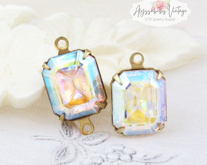 Vintage Austrian AB Crystal 12x10mm Octagon Faceted Glass Set Stones in ...