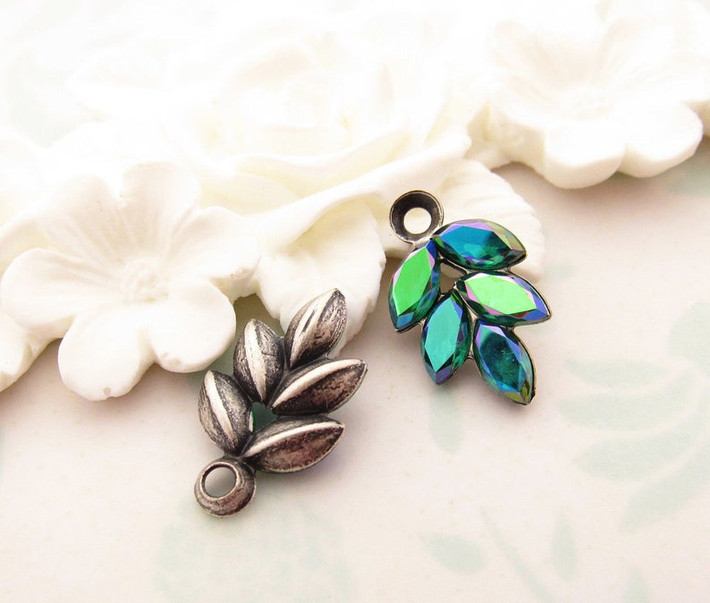 Vintage AB Emerald Rhinestone Leaf Charms Crystal Foliage | Etsy