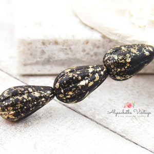 Opaque Matte Black With Gold Spatter Teardrop Melon Beads 13x8mm Czech ...