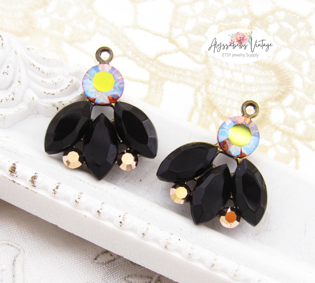 Elegant Vintage Rhinestone Petal Charms, 21x7mm Jet Black, AB Topaz ...