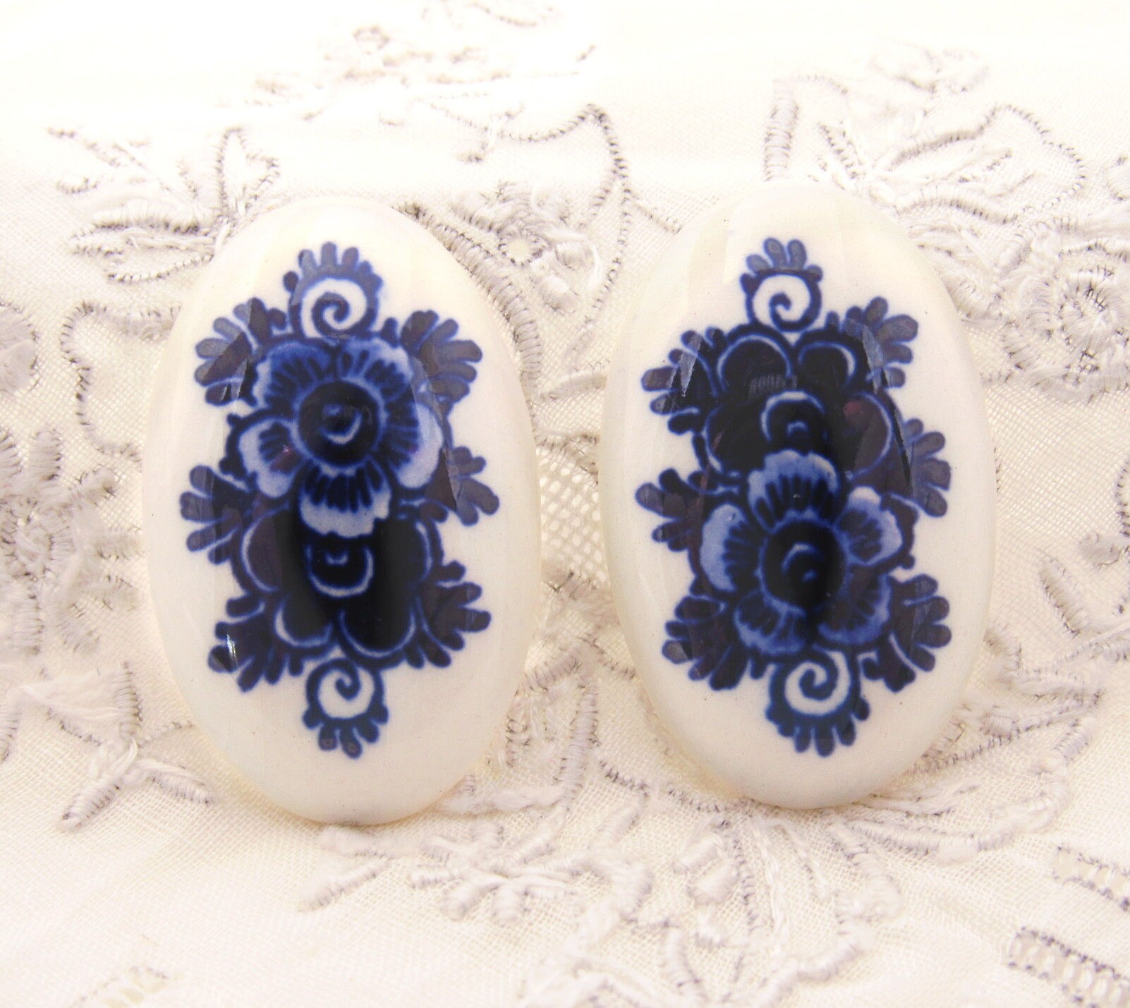 Large Vintage Delft Blue & White Rose Flower Cabochon - Etsy