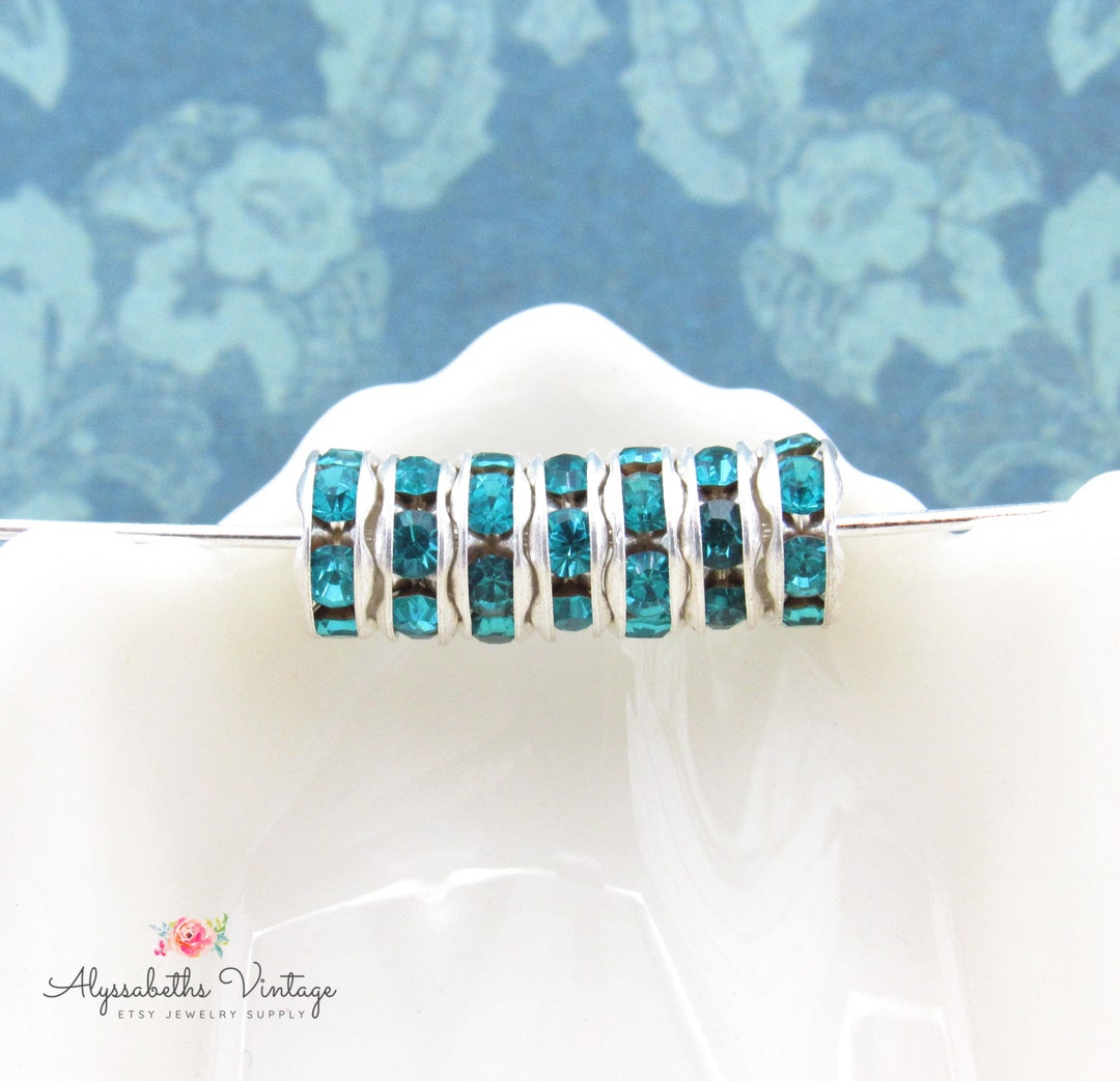 6mm Silver & Blue Zircon Rhinestone Rondelle Beads, Czech Preciosa Aqua ...