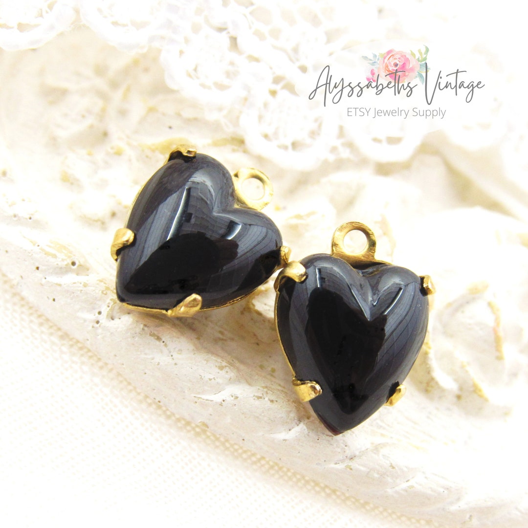 Vintage Jet Black Rhinestone Heart Charms 9x8mm in Raw Brass, Matte ...