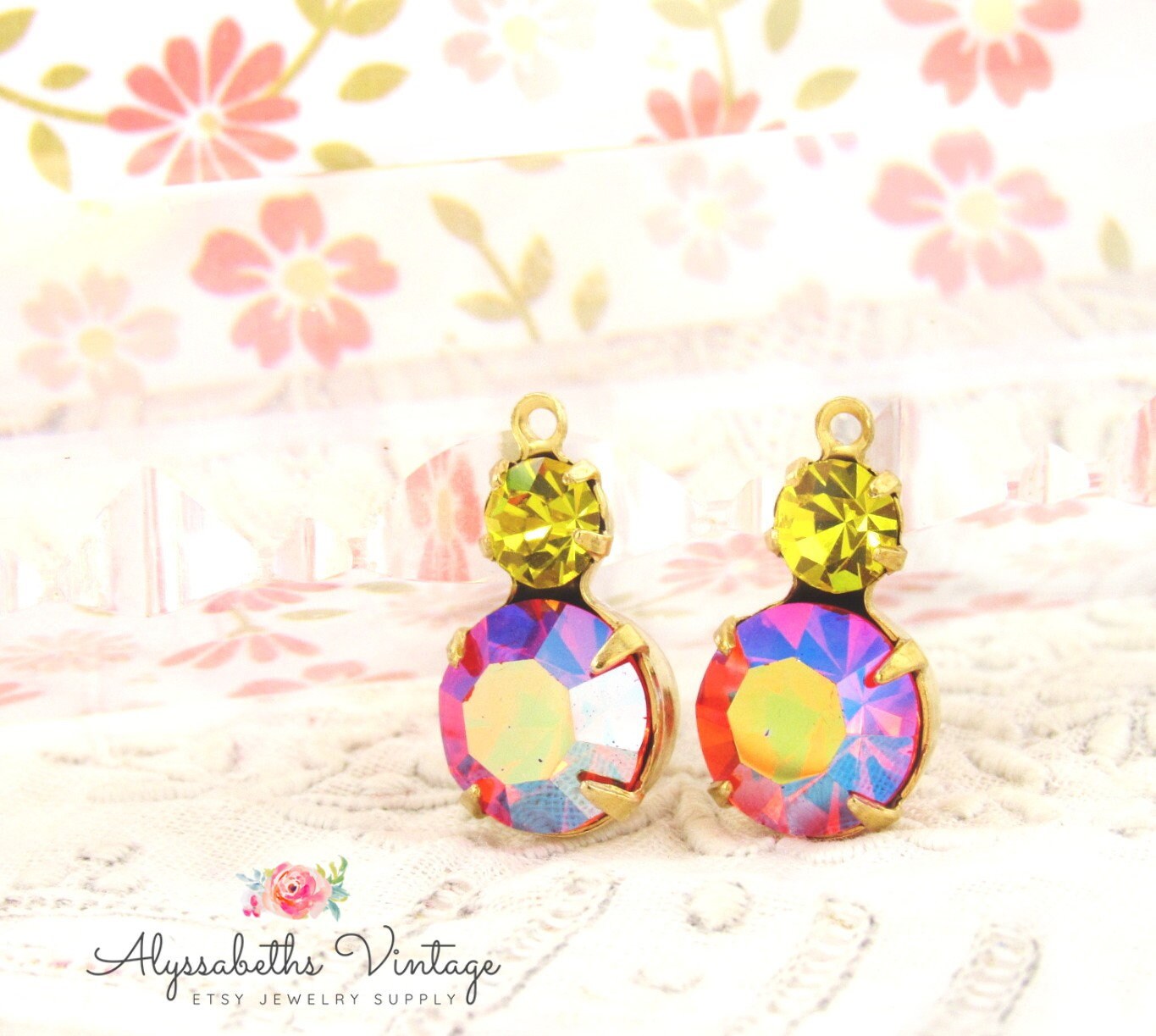 AB Hyacinth & Yellow Citrine Rhinestone Double Set Drop Charms or ...
