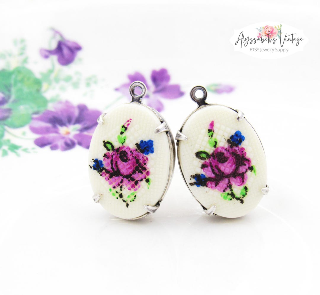 Vintage Purple Rose Floral Petit Point Oval Cameo Pendants, Oval ...