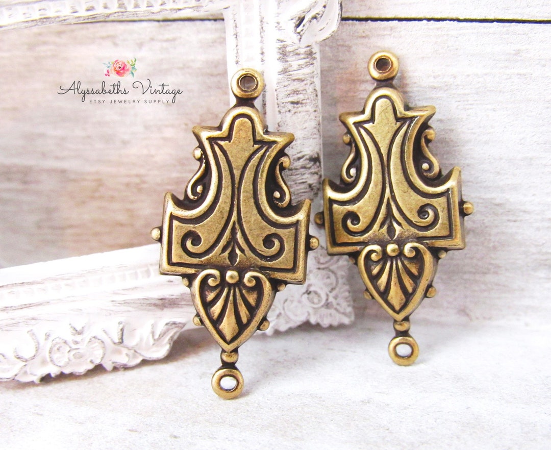 Vintage Style Art Deco Antiqued Brass Ox 2 Ring Connectors Embossed ...