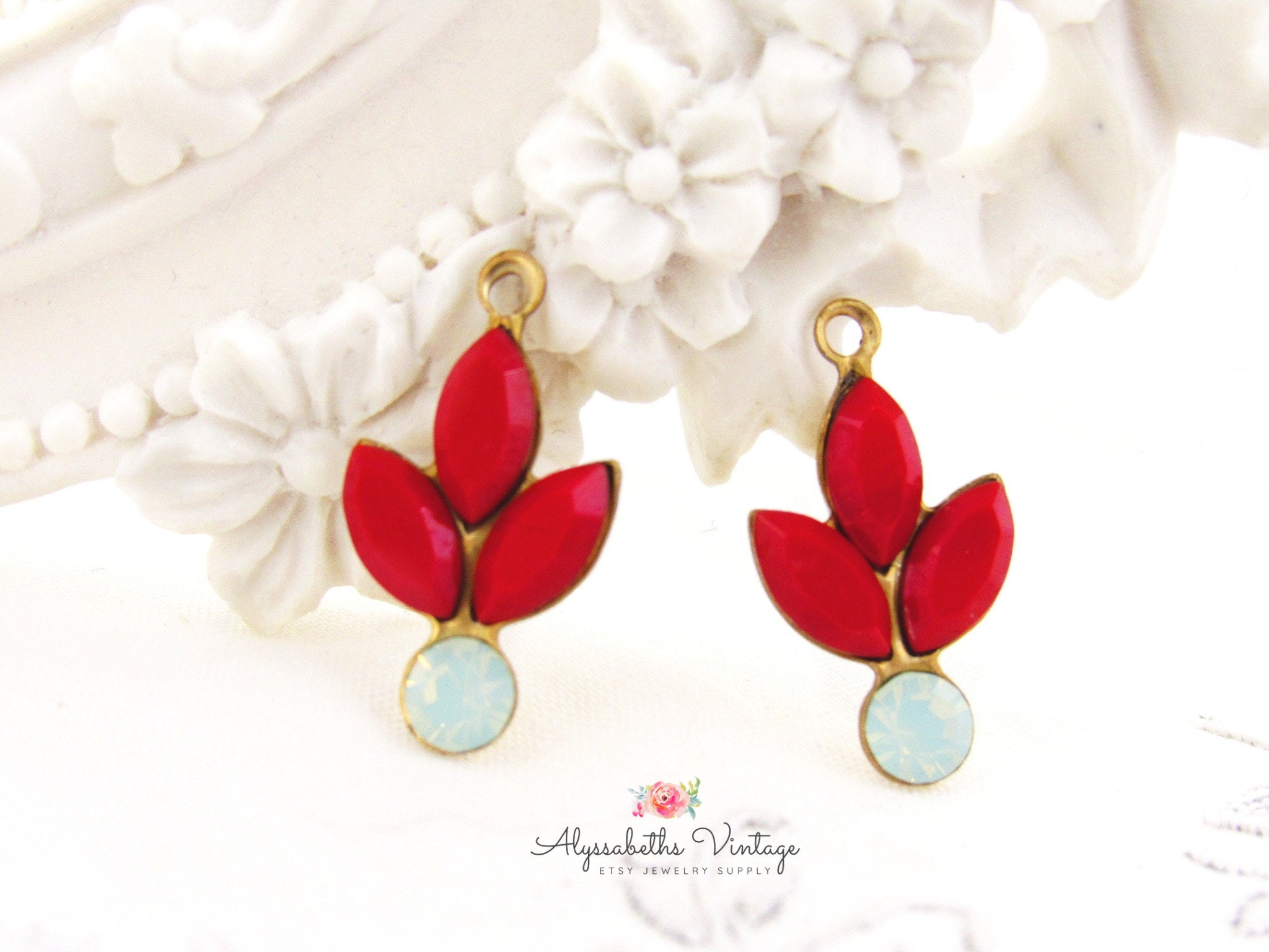 Retro Christmas Cherry Red & Chrysolite Opal Rhinestone Flower Leaf ...