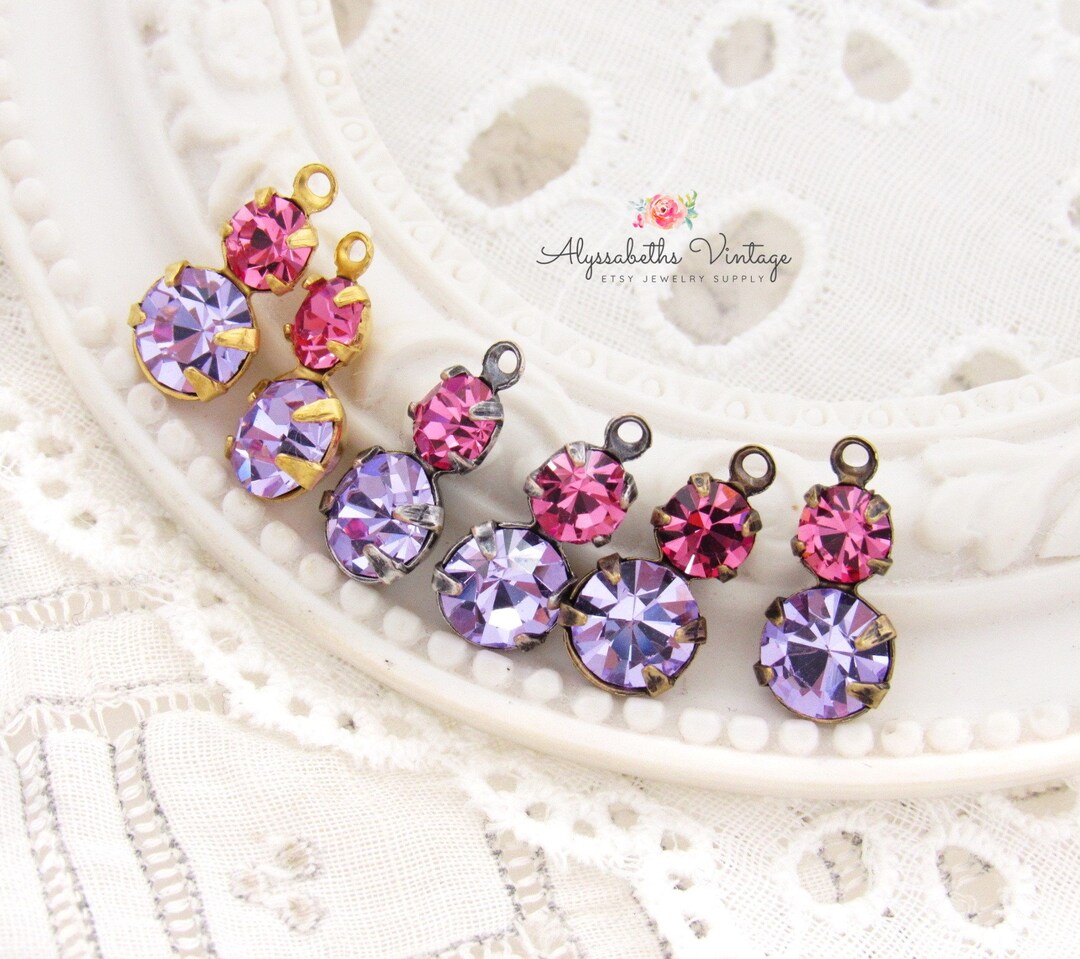 Small Purple & Pink Charms Small Double Violet, Rose Rhinestone Drops ...