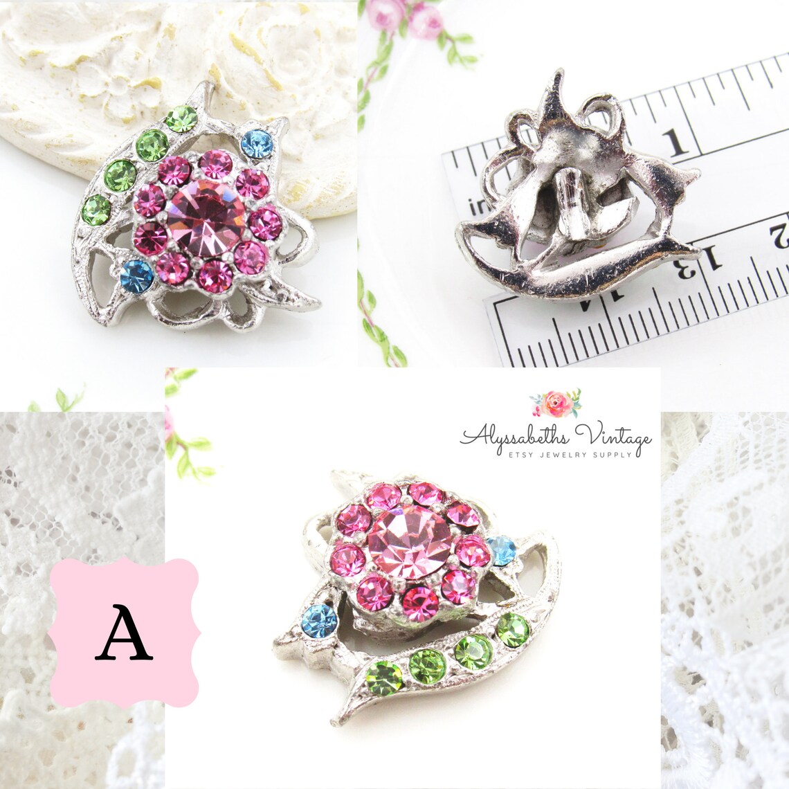 Vintage Cast Pewter Settings With Crystal Rhinestones Floral | Etsy