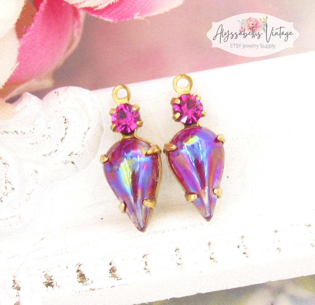 Petite Vintage AB Siam Red Teardrop & Fuchsia Rhinestones Earring ...
