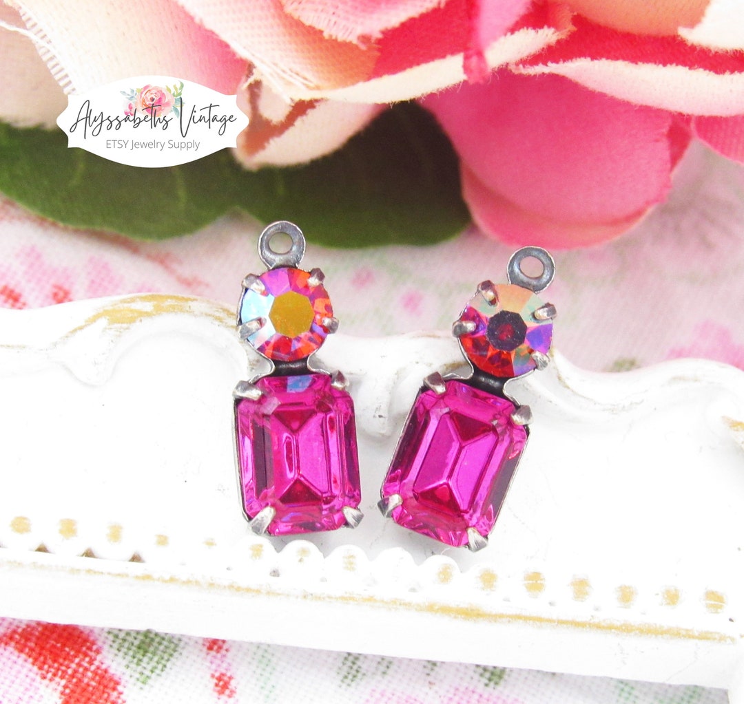Vintage Austrian Fuchsia Octagon Stone & AB Hyacinth Rhinestone Earring ...