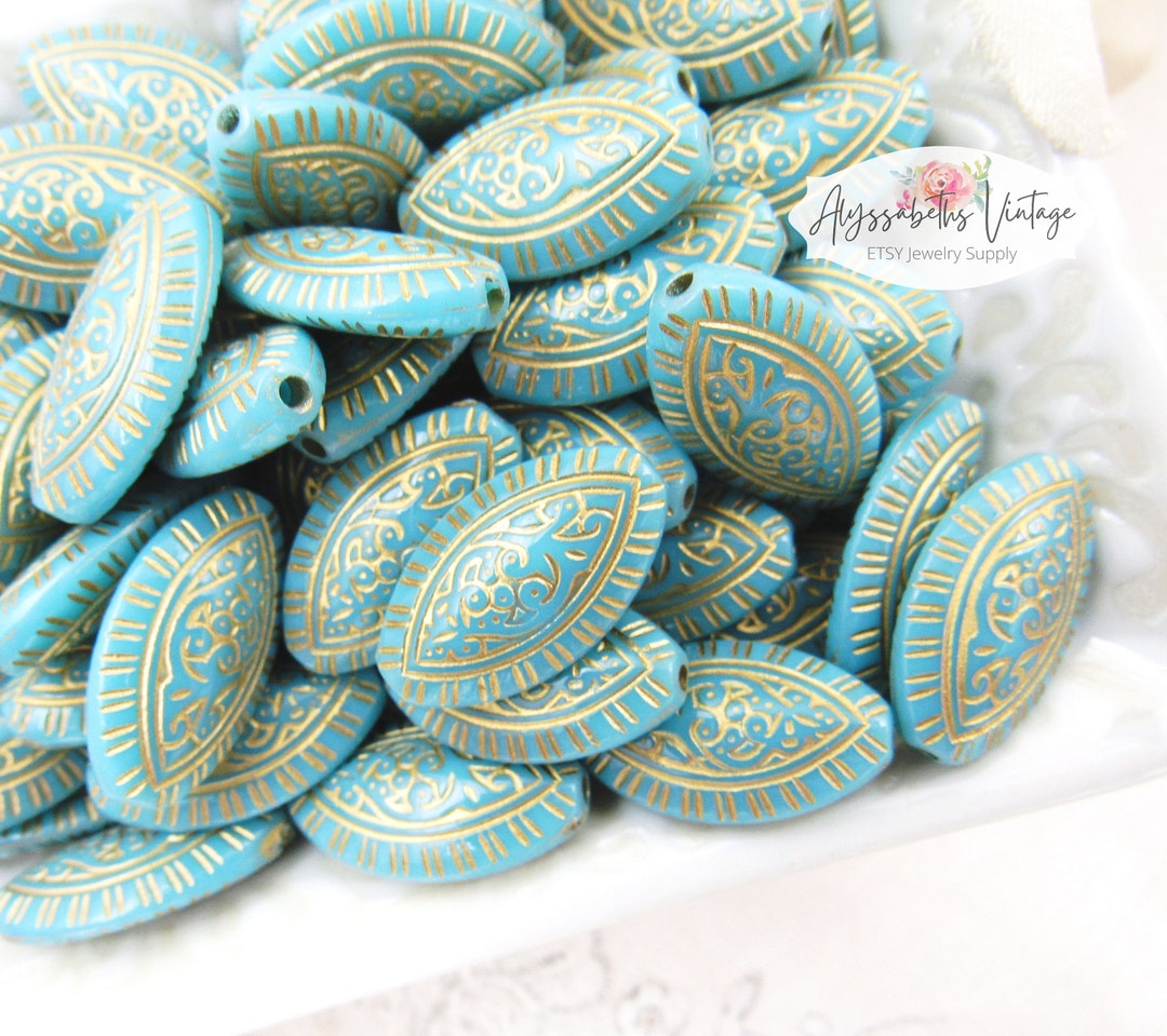 SALE Ornate Opaque Turquoise and Antique Gold Wash Filigree Embossed ...