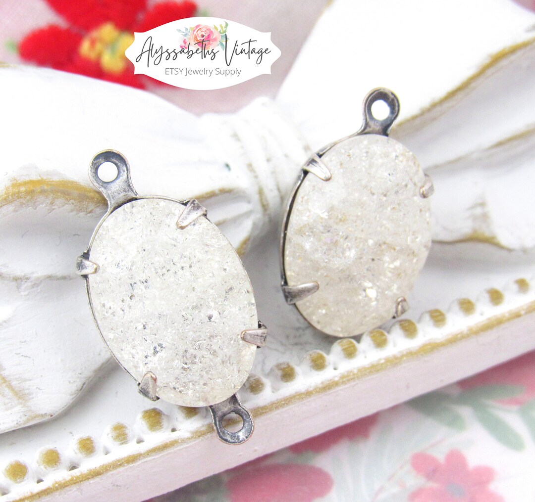 Oval Crystal Ice Glass Set Rhinestone Charms 14x10mm White and Clear ...