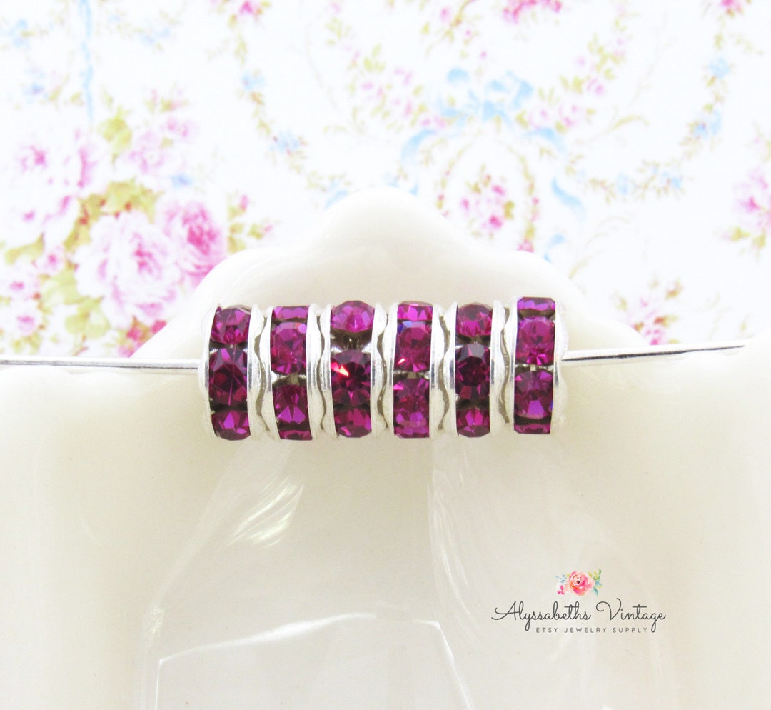 6mm Silver & Fuchsia Rhinestone Rondelle Beads, Czech Preciosa Crystal ...