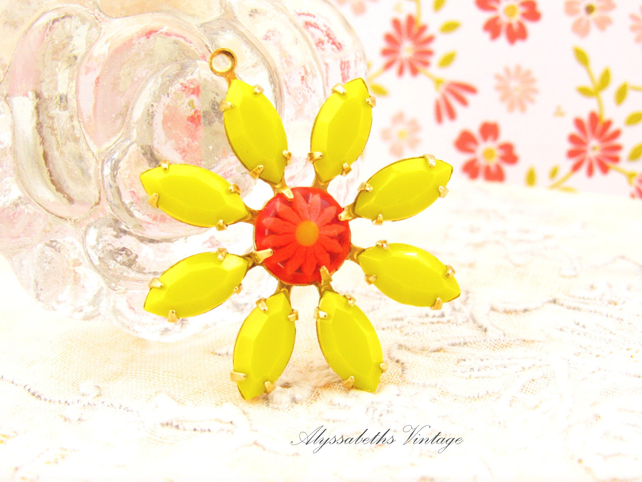 Yellow Rhinestone Daisy Flower Pendant Vintage Austrian With Orange ...