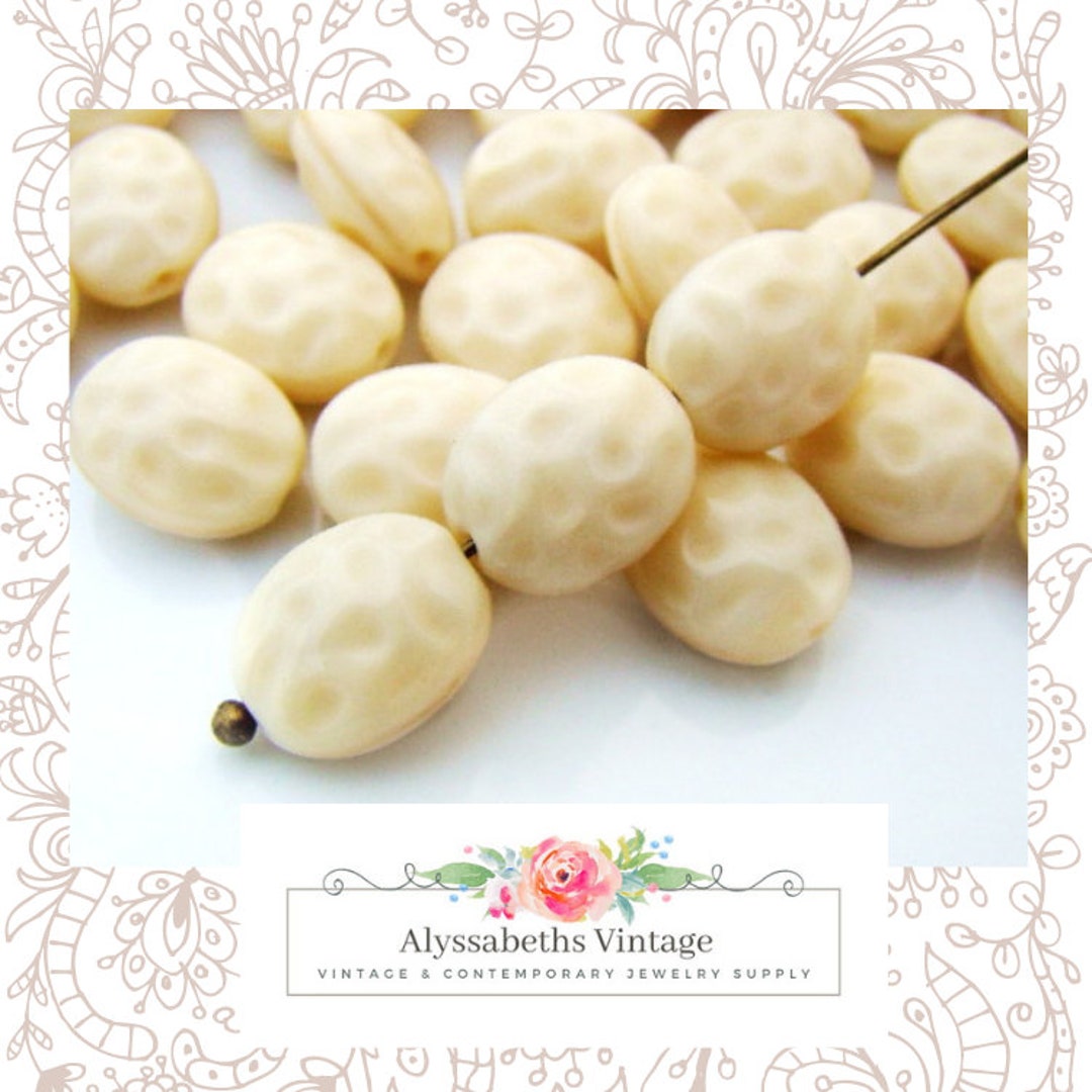 Opaque Ivory 11x9mm Oval Glass Beads Baroque Filigree Embossed Czech ...