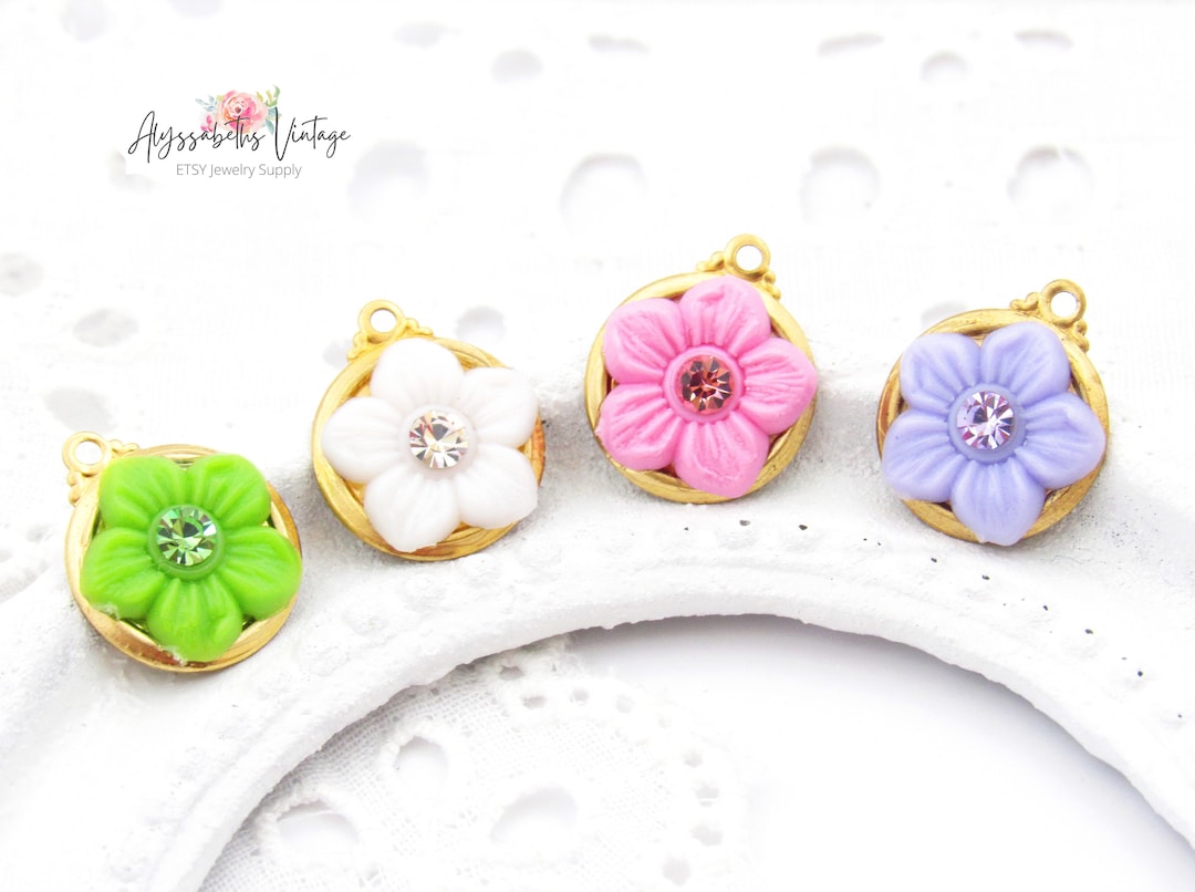 Vintage Spring Flower and Rhinestone Charms, 10mm Brass Settings With ...