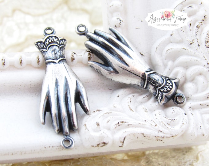 Antiqued Silver Victorian Gloved Hand Connector, Edwardian Silver Ox 2 ...