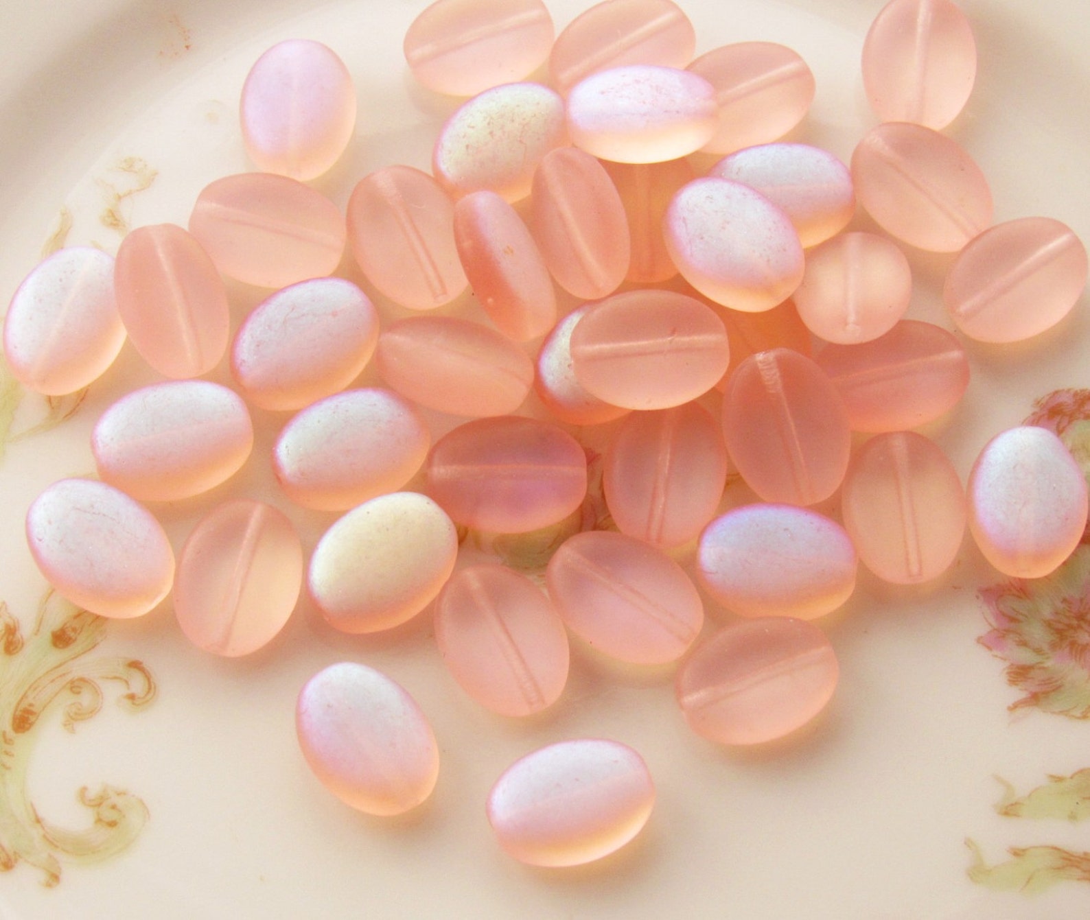 Matte AB Pale Rosaline Pink 12x9mm Flat Oval Frosted Czech Glass Beads ...