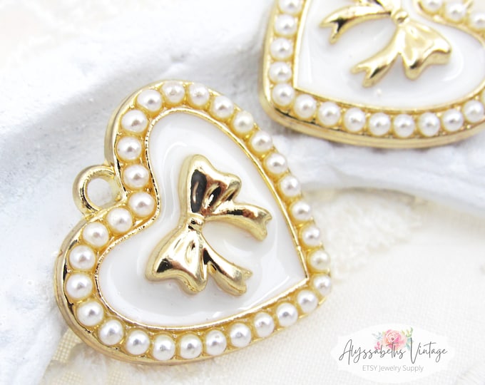 White and Gold Enamel Heart Pendants With Gold Bow Centers and Pearl ...