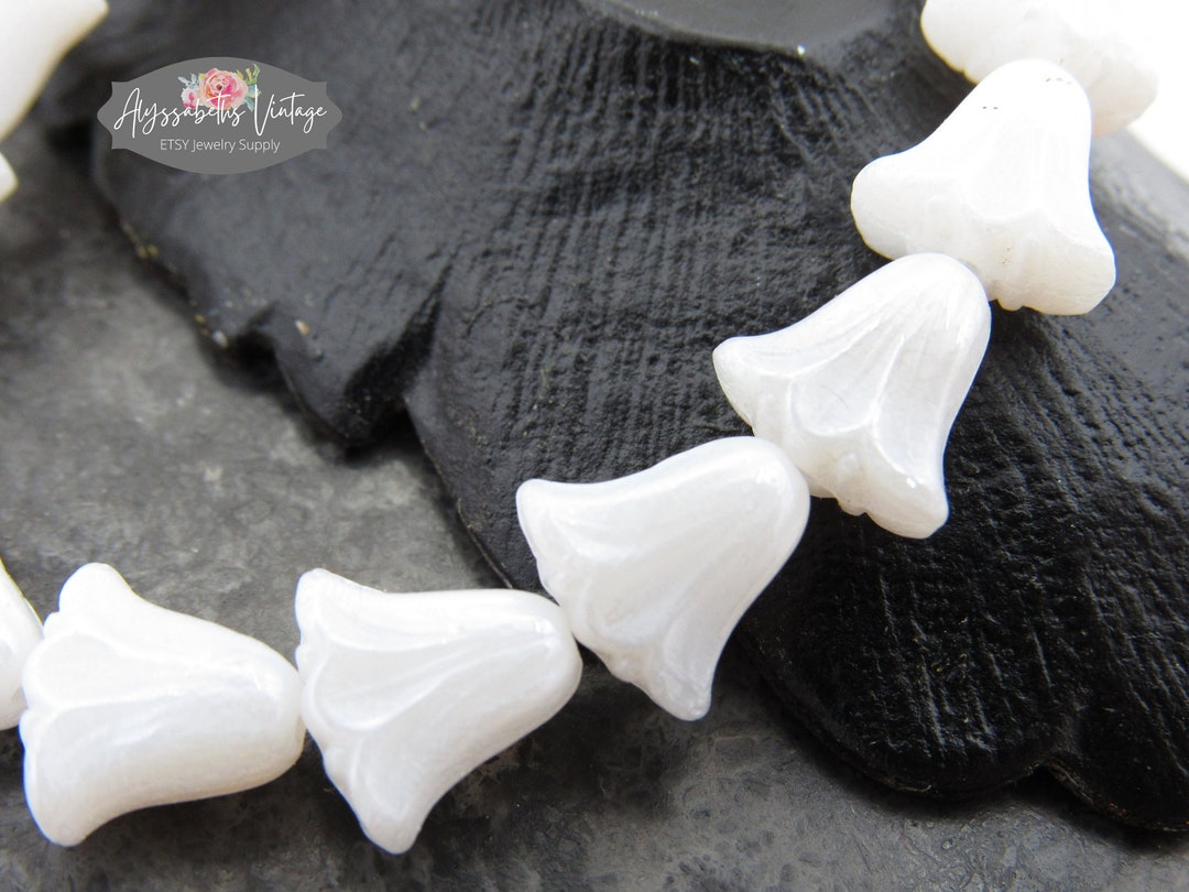 White Luster Lily Beads 10x9mm Czech Pressed Glass AB Opaque White ...