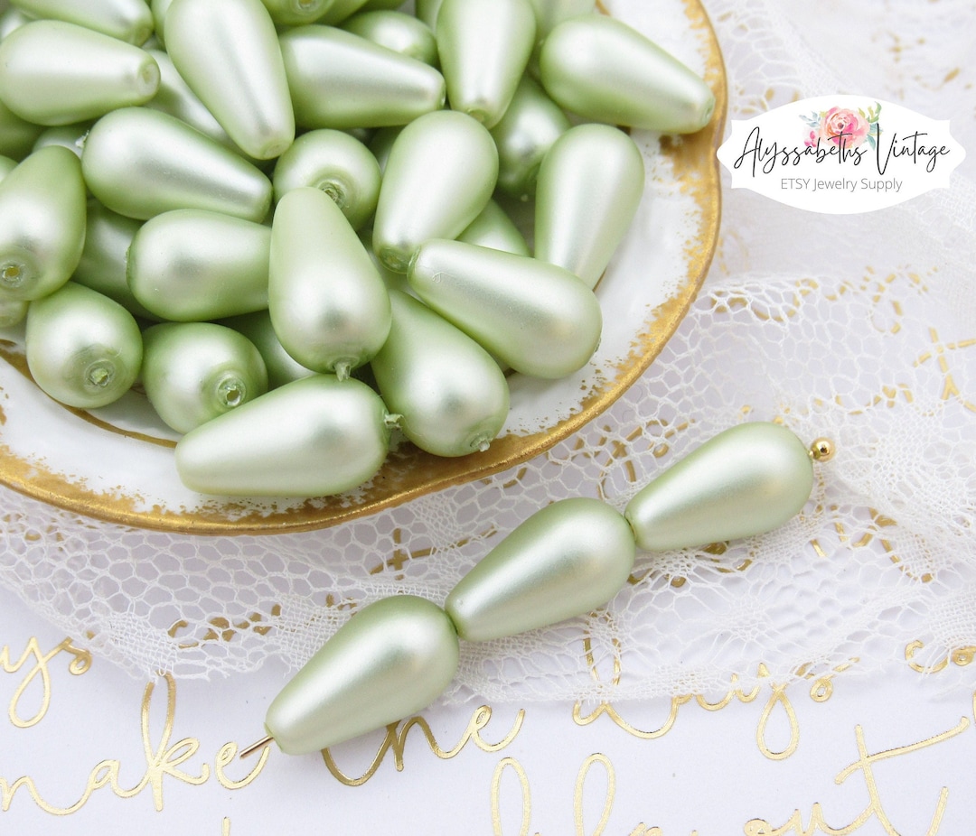 Preciosa Matte Light Mint Pearl Teardrop Beads 15x8mm Satin Finish Pale ...