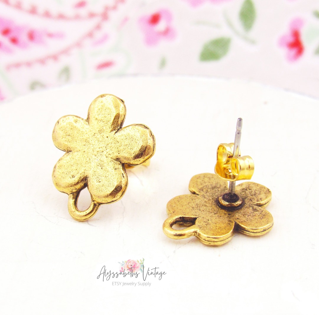 Antique Gold Plated Pewter Flower Earring Posts With Loop Floral Daisy ...