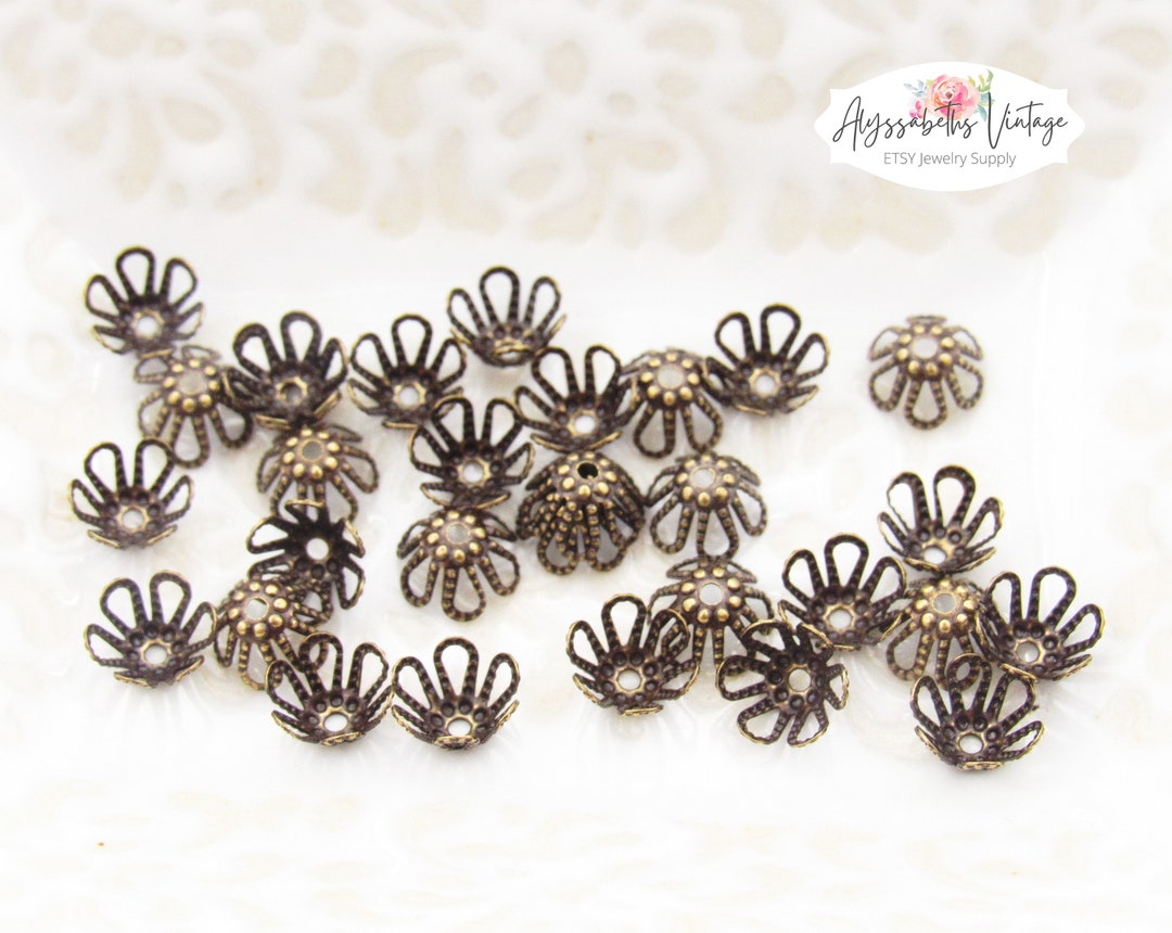 Antiqued Brass Fancy Filigree Petal 7mm Bead Caps, Small Beaded Detail ...