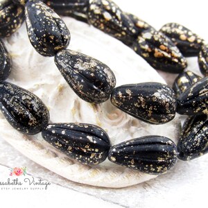 Opaque Matte Black With Gold Spatter Teardrop Melon Beads 13x8mm Czech ...