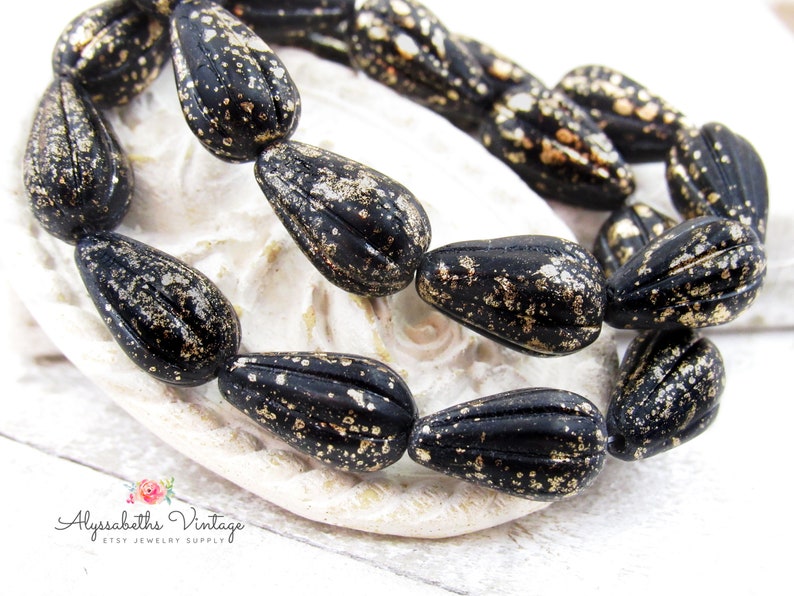 Opaque Matte Black With Gold Spatter Teardrop Melon Beads - Etsy