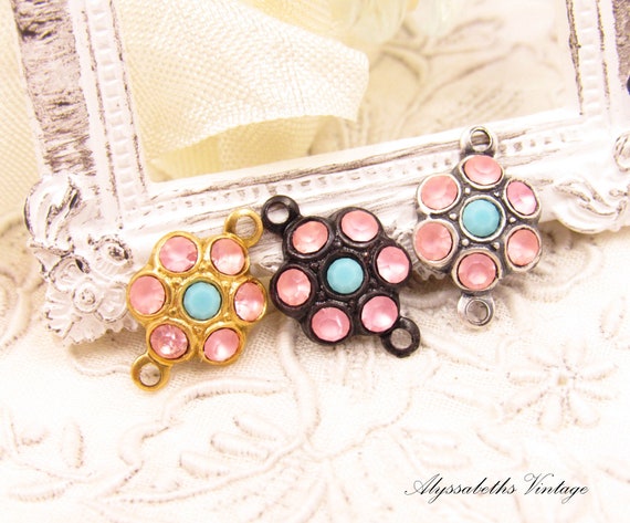 Round Cluster Matte Rose & Turquoise Rhinestone Flower Charms | Etsy