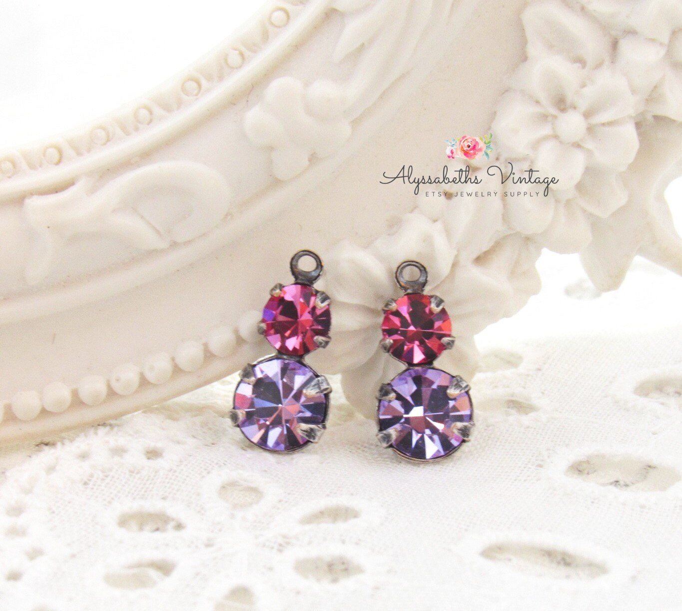 Small Purple & Pink Charms Small Double Violet, Rose Rhinestone Drops ...