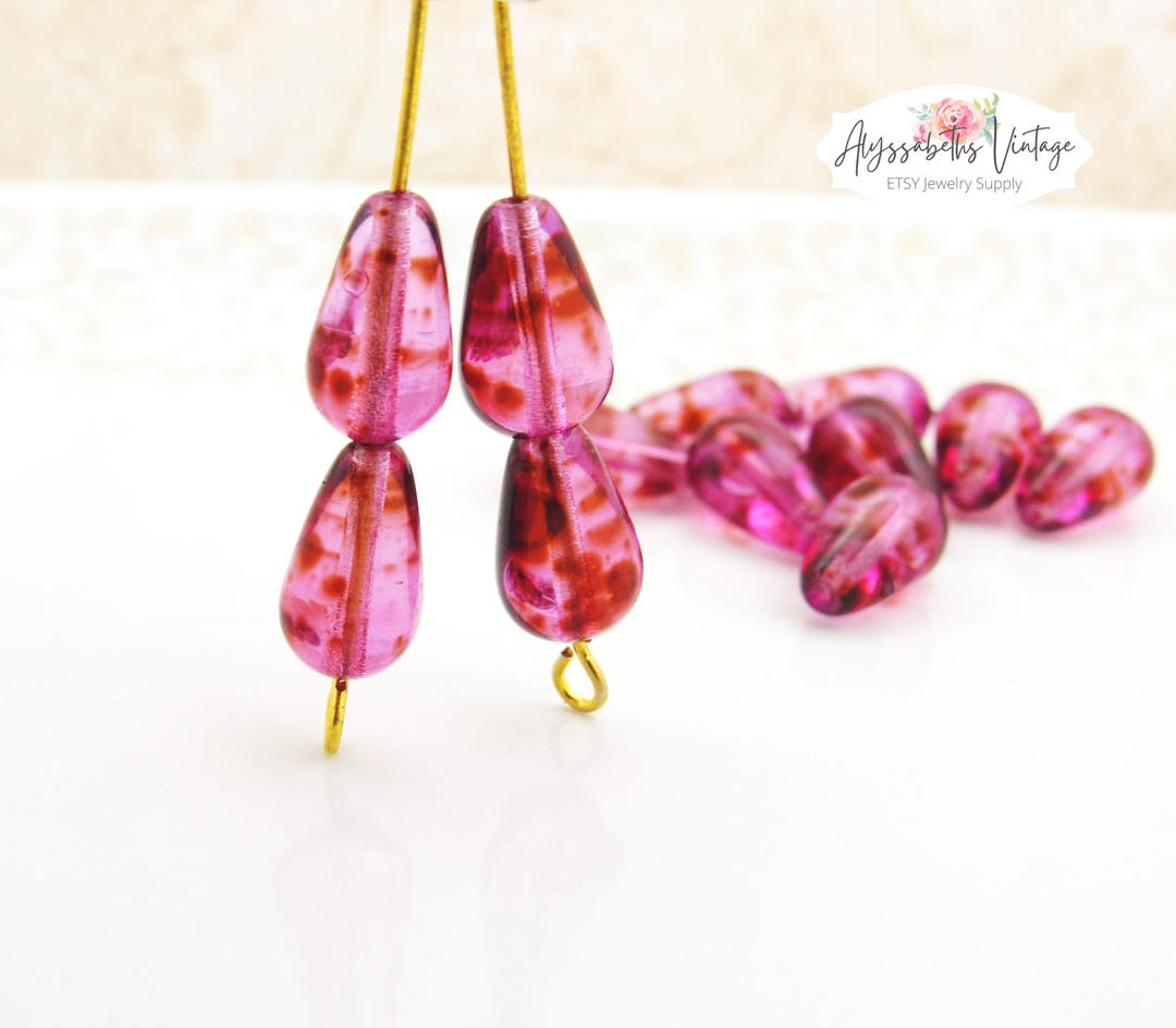 Raspberry Speckled 12x7mm Teardrop Beads, 12mm Long Semi-transparent ...