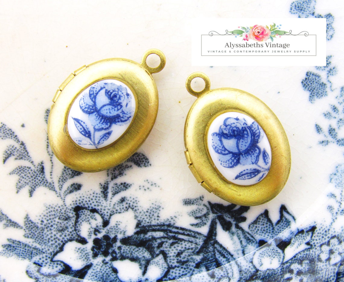 Vintage Delft Blue Rose Cameos Set on Oval Raw Brass Lockets - Etsy