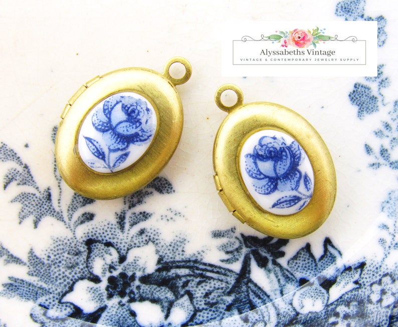 Vintage Delft Blue Rose Cameos Set on Oval Raw Brass Lockets - Etsy