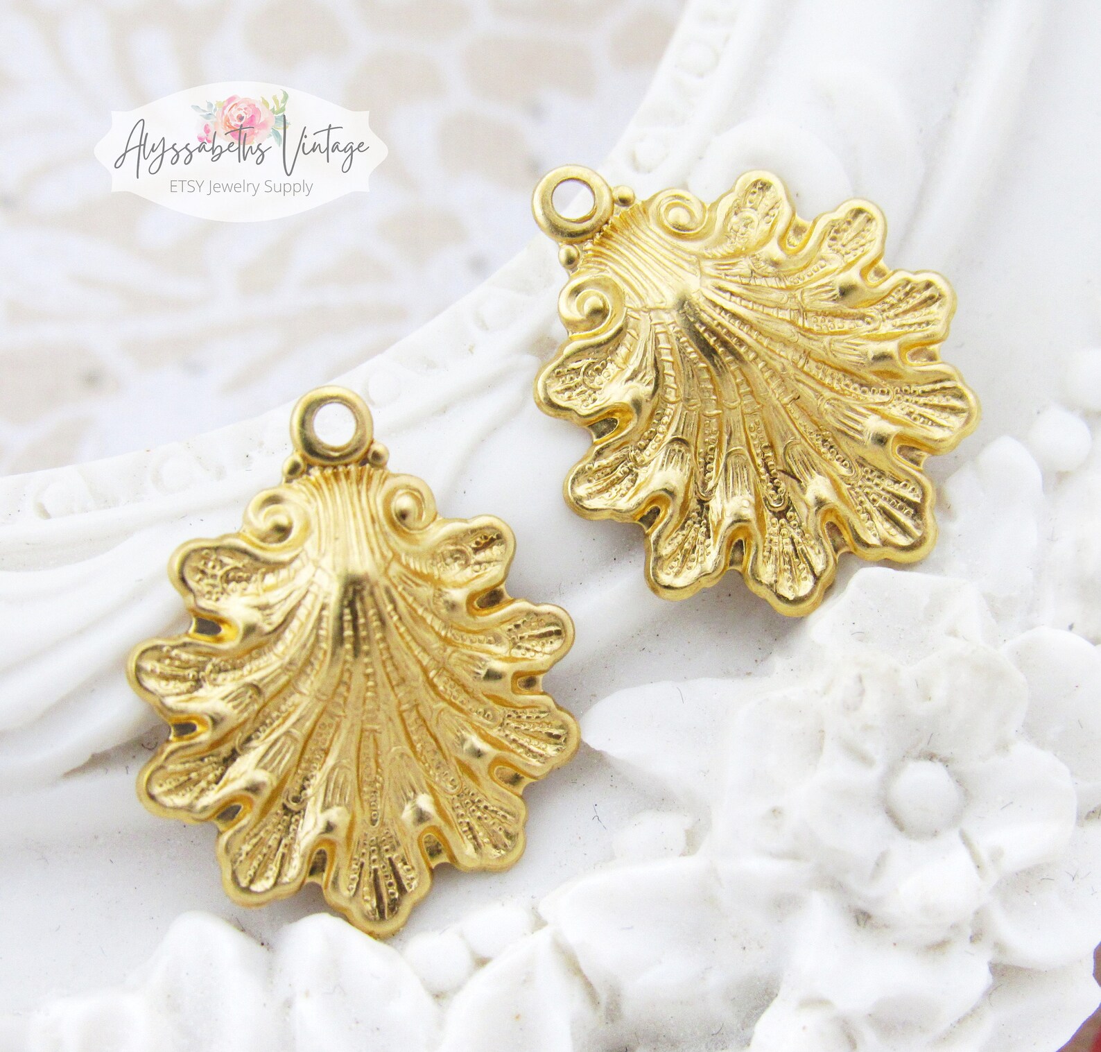 Ornate Rococo Styled Seashell Charm, Raw Brass Stamping Flourish ...