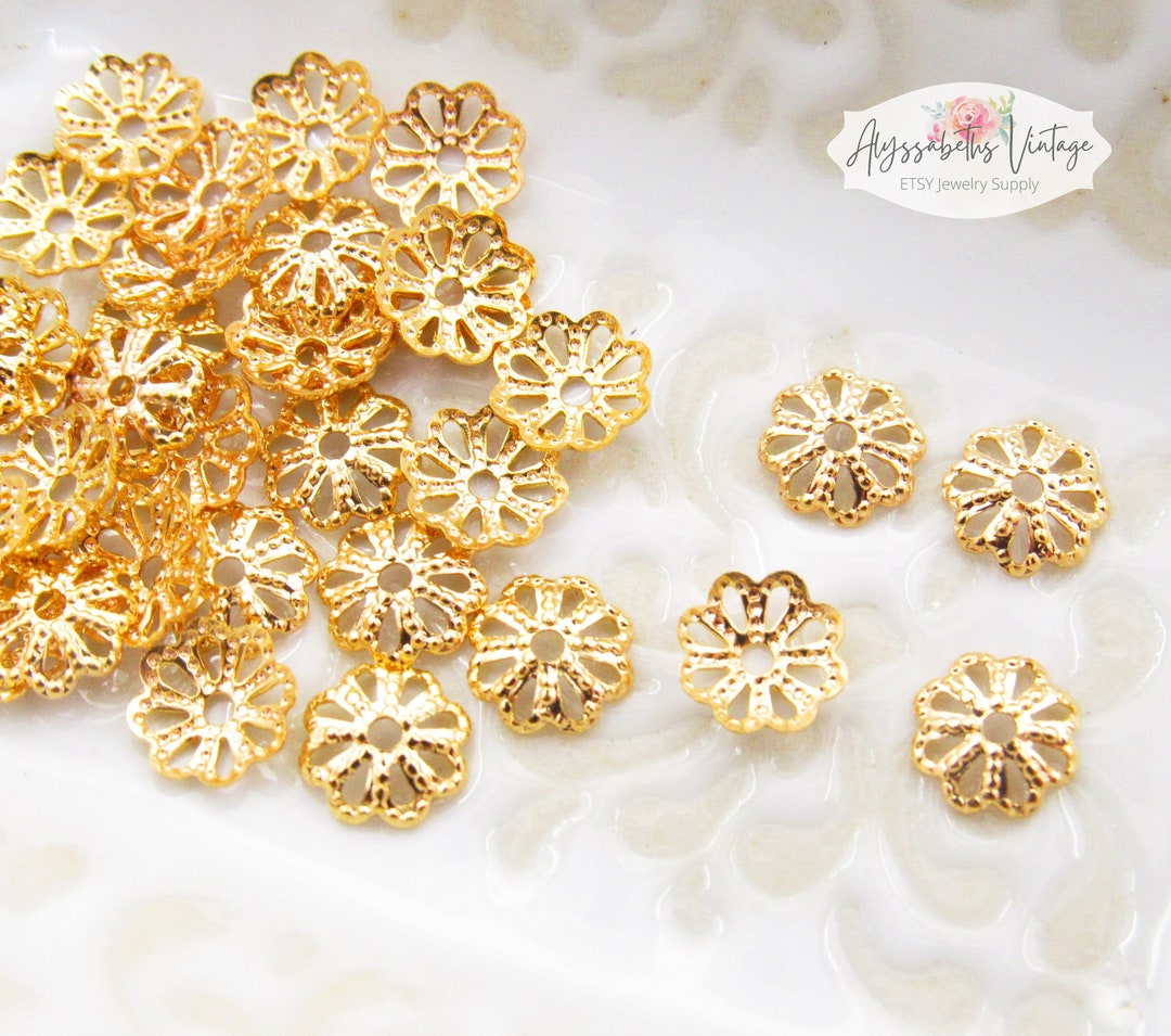 Small Gold Lace Fancy Filigree 6mm Bead Caps, 18k Gold Plate Flower ...
