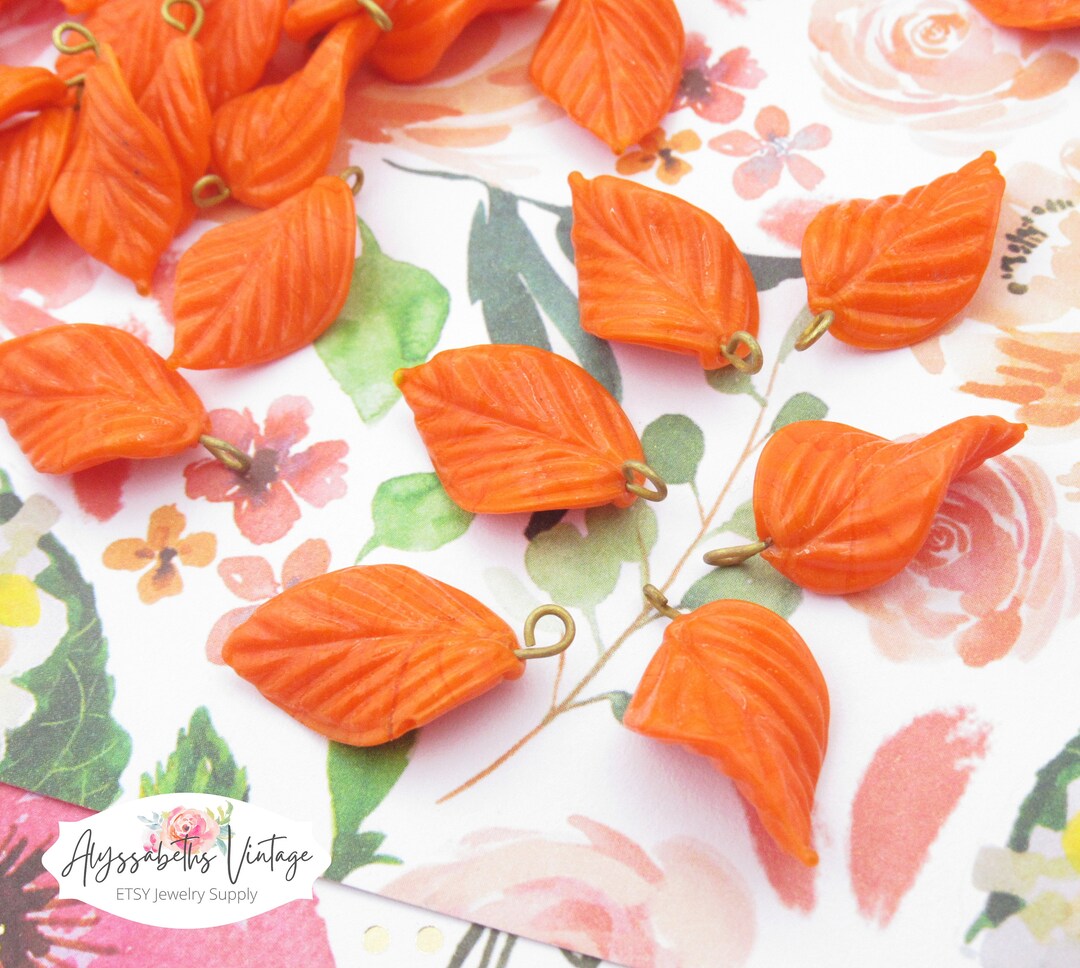 Long Opaque Orange Glass Twist Leaves Charms 24x14mm Handcrafted Fall ...