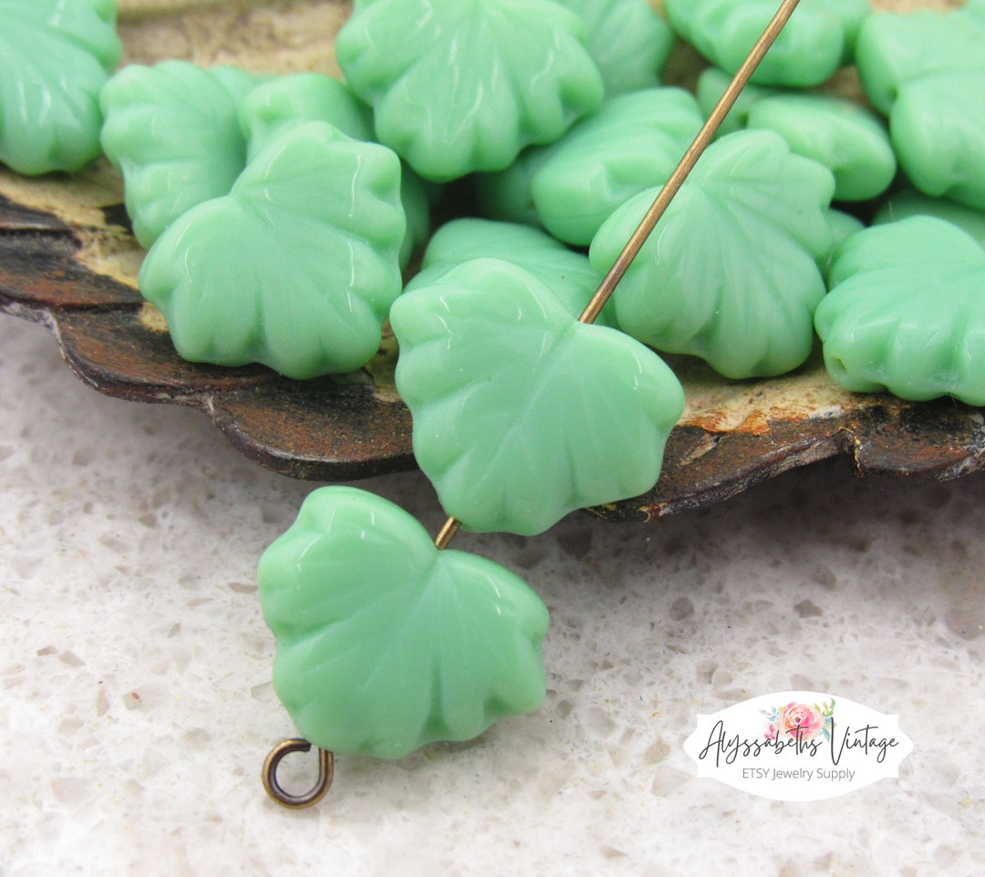 Opaque Retro Green 13x11mm Maple Leaf Beads, Pressed Glass Apple Green ...