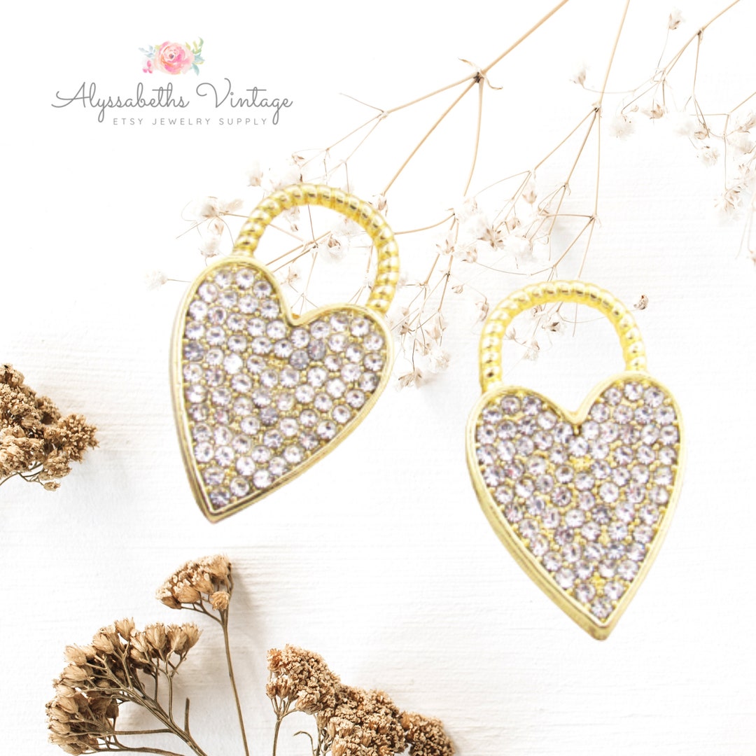 Romantic Light Gold and Rhinestone Pave Heart Charms, CZ Micro Pave ...