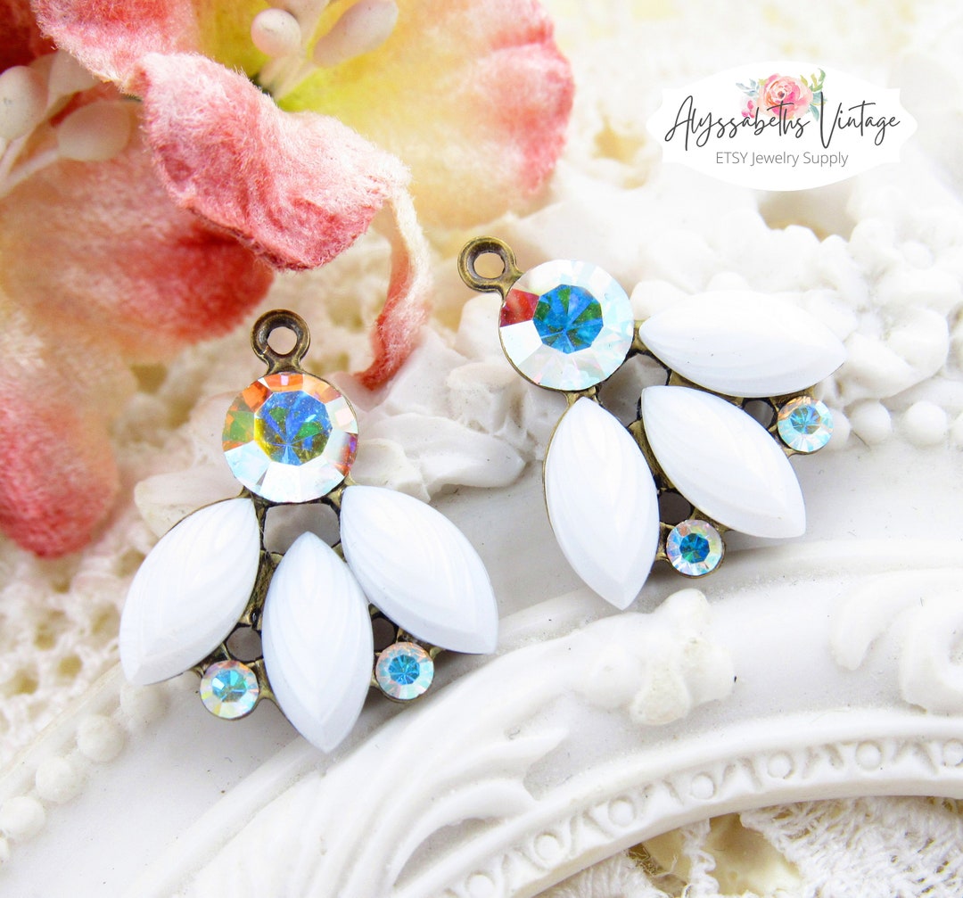 Elegant Vintage Rhinestone Petal Charms, 21x7mm Art Deco White and AB ...