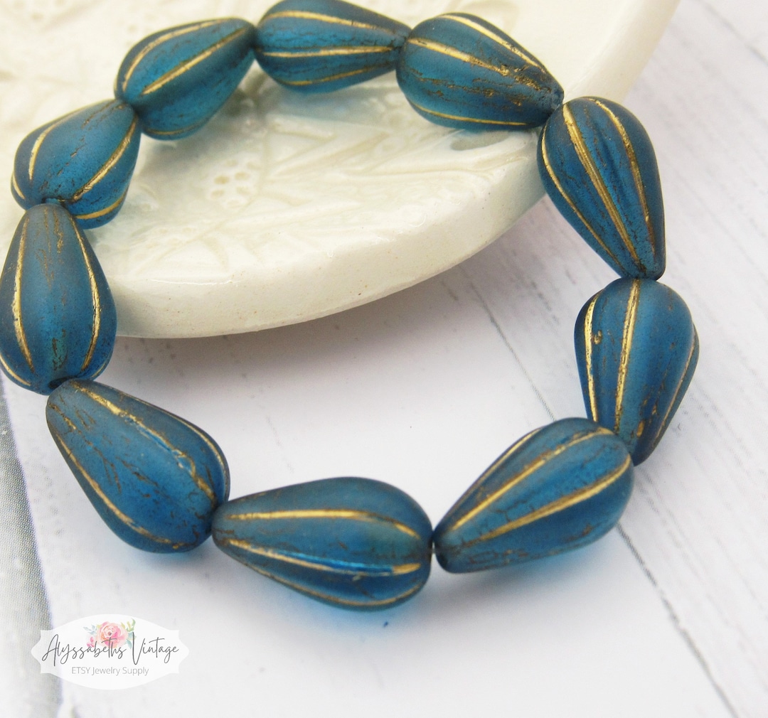 Matte Glass Teal With Gold Wash Teardrop Melon Beads 13x8mm Czech ...